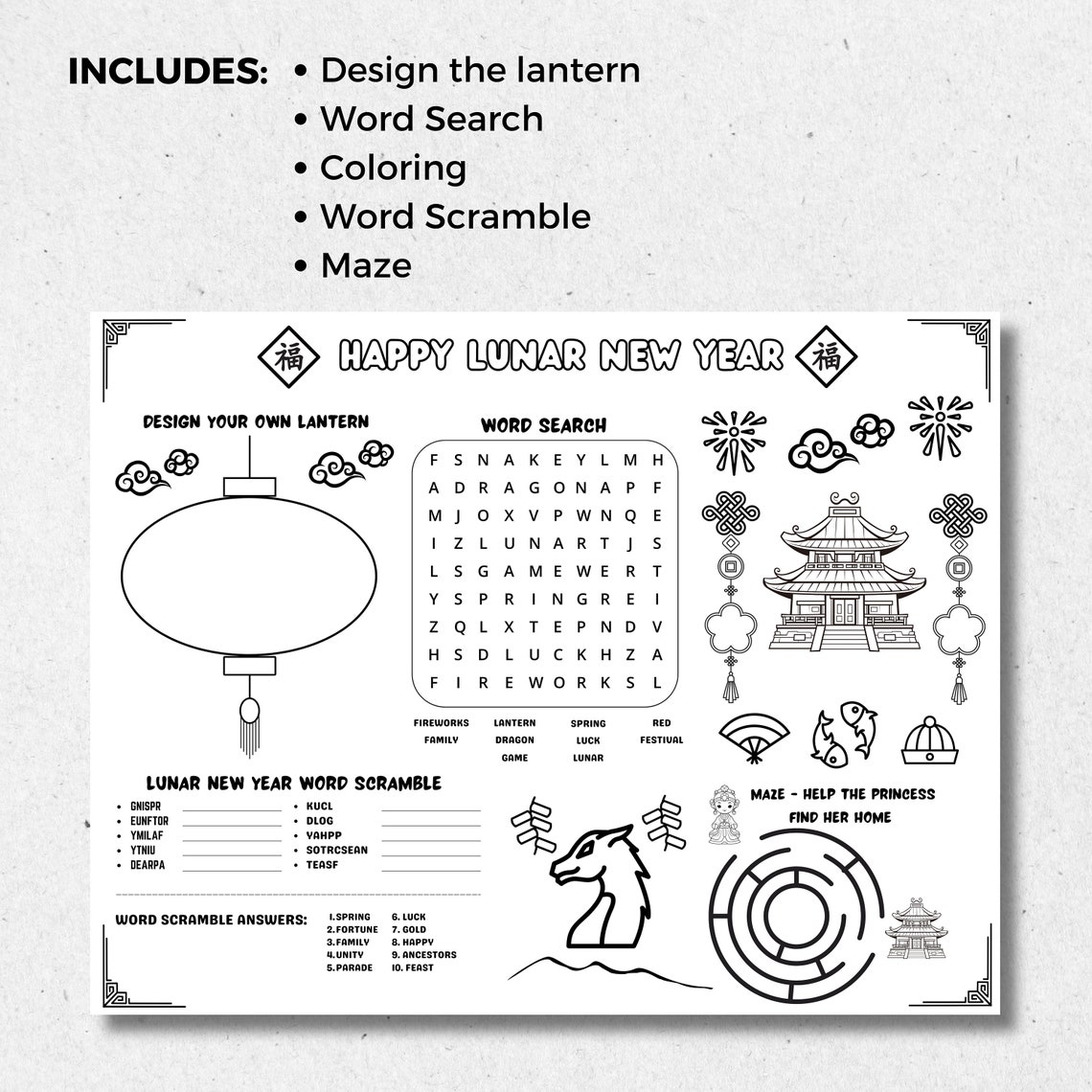 Printable Lunar New Year Activity Placemat for Kids, Year of Dragon ...