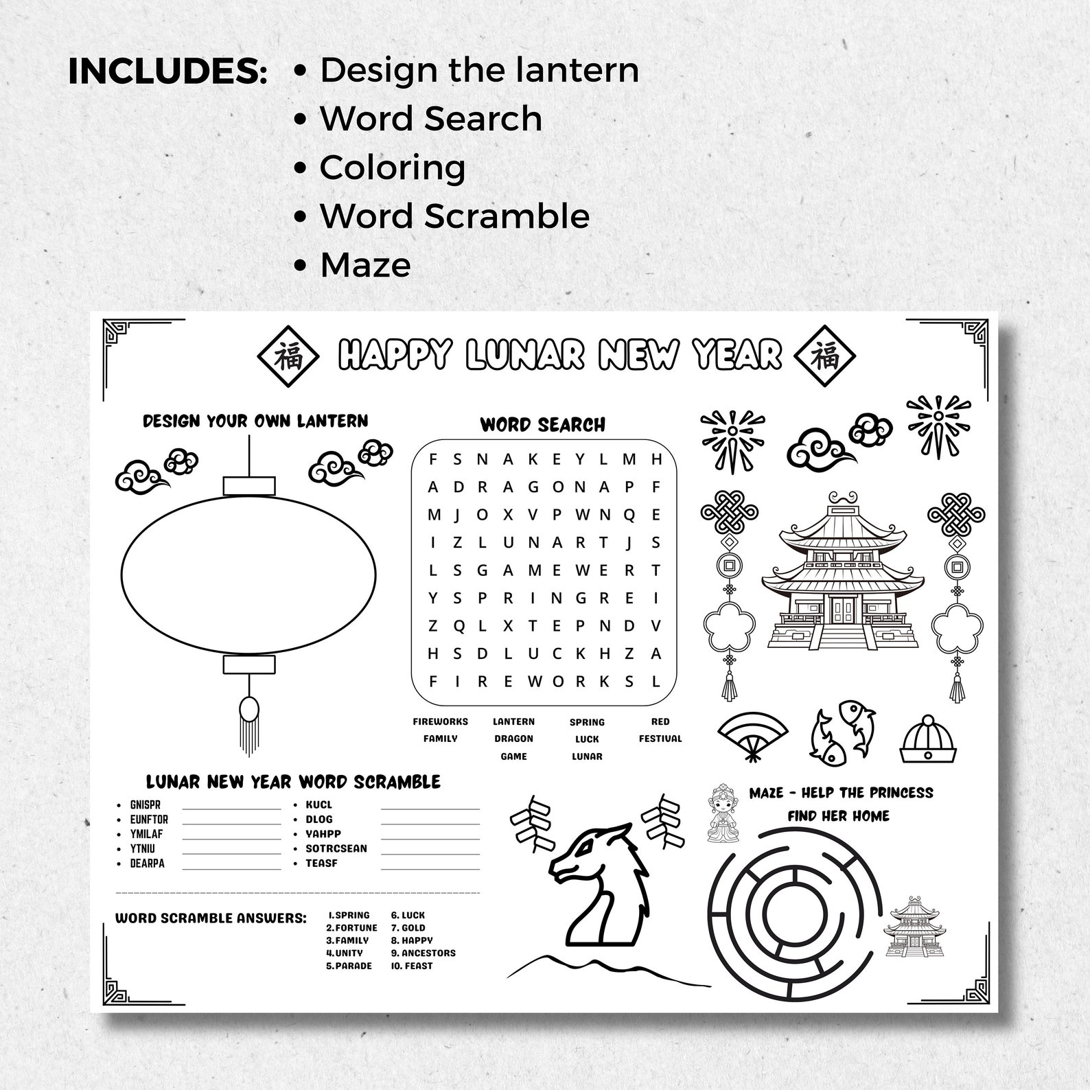 Printable Lunar New Year Activity Placemat for Kids, Year of Dragon ...