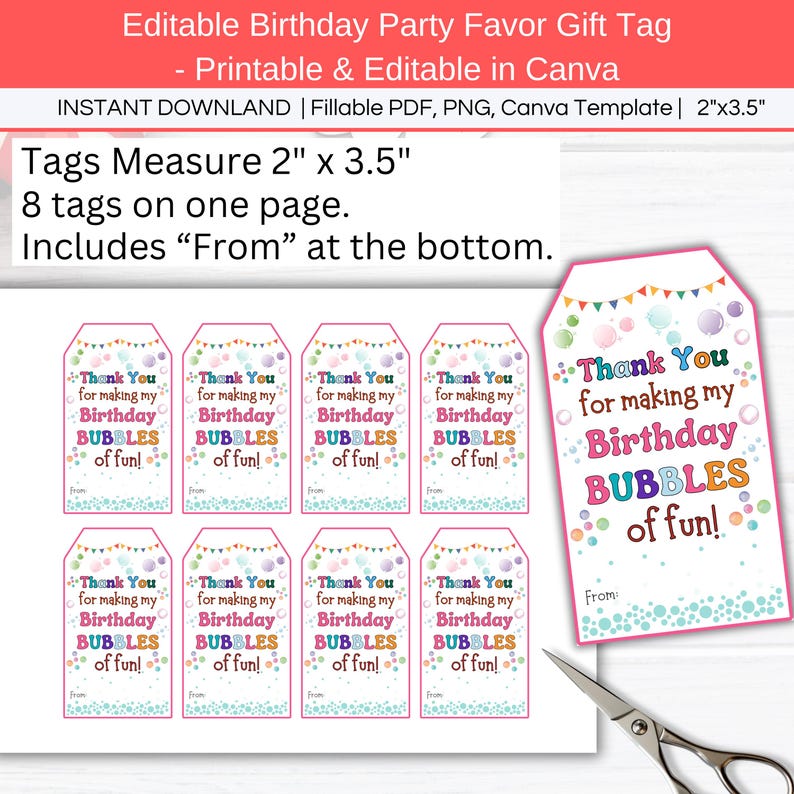 Bubble Birthday Favor Tags, Classroom Birthday Editable Favor Tag ...