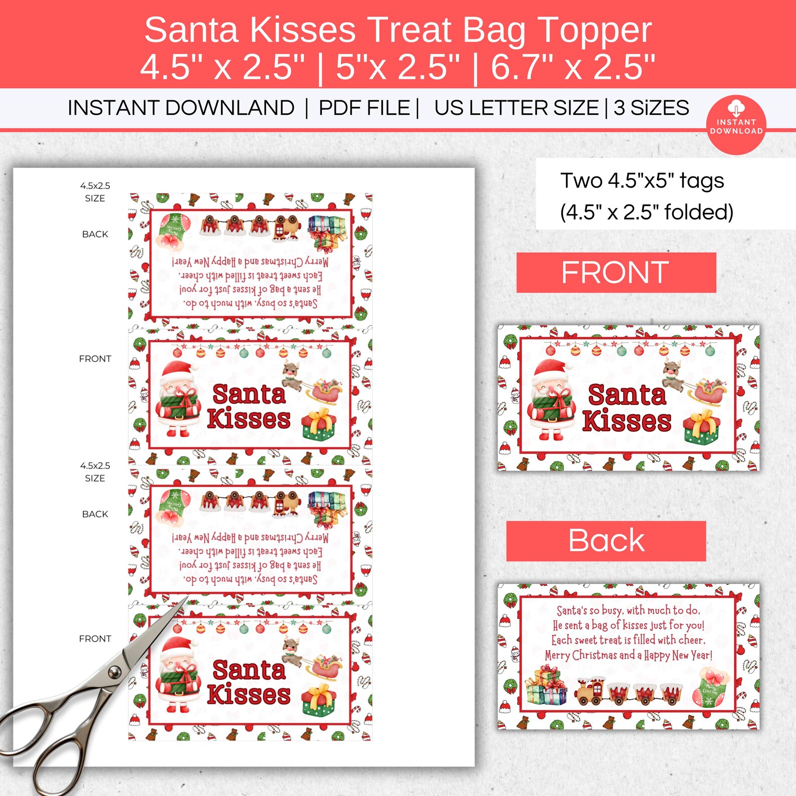 Santa Kisses Treat Bag Tag Topper Printable, Santa Kisses Label, Winter ...
