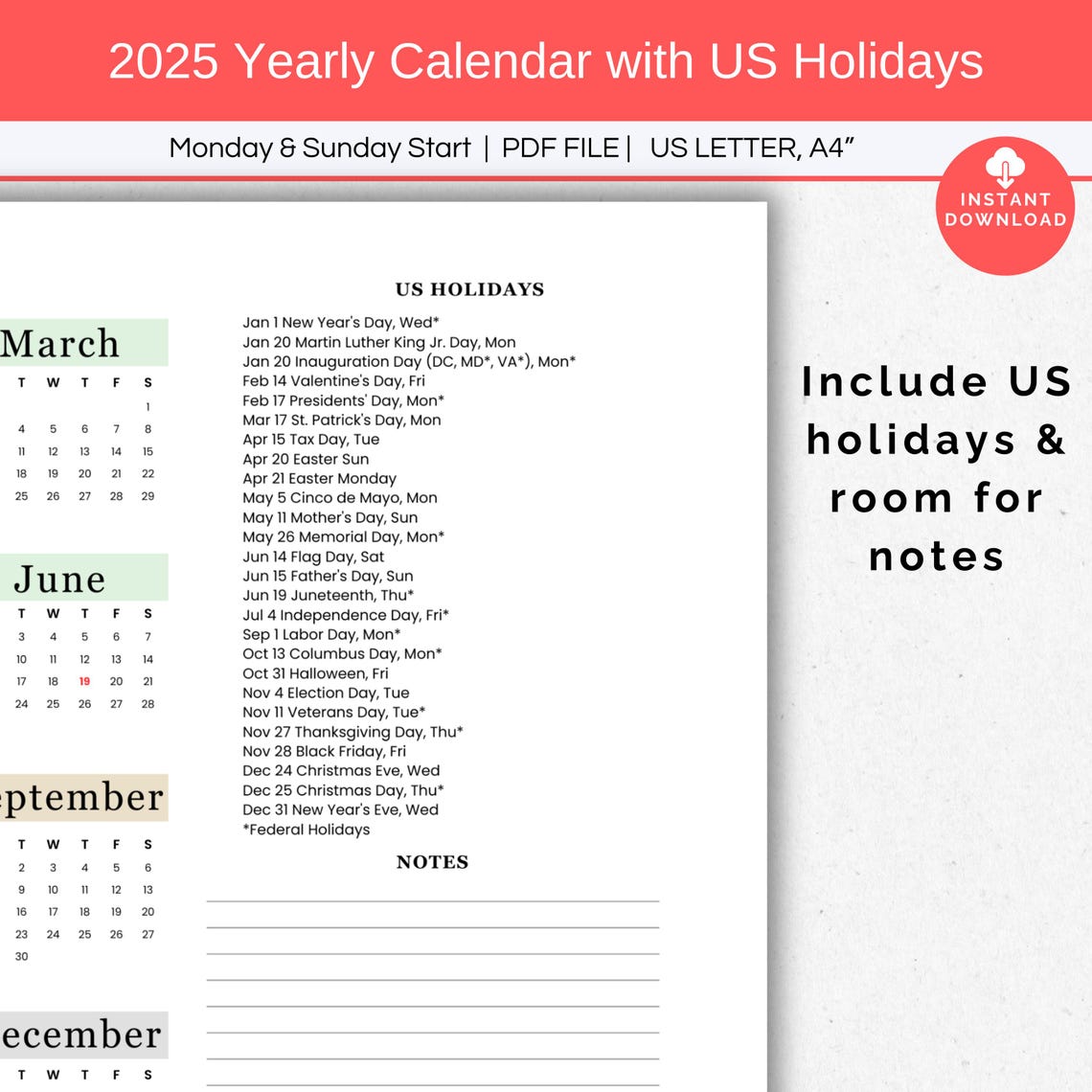 2025 Yearly Calendar With Holidays One Page, Single Page Yearly ...