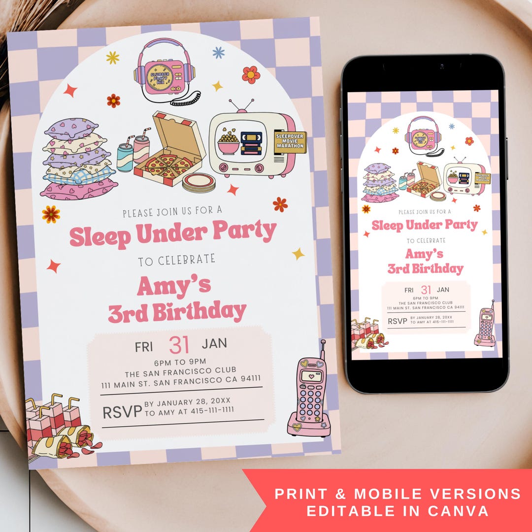 Sleep Under Birthday Invitation Editable, Groovy Sleepover Pizza ...