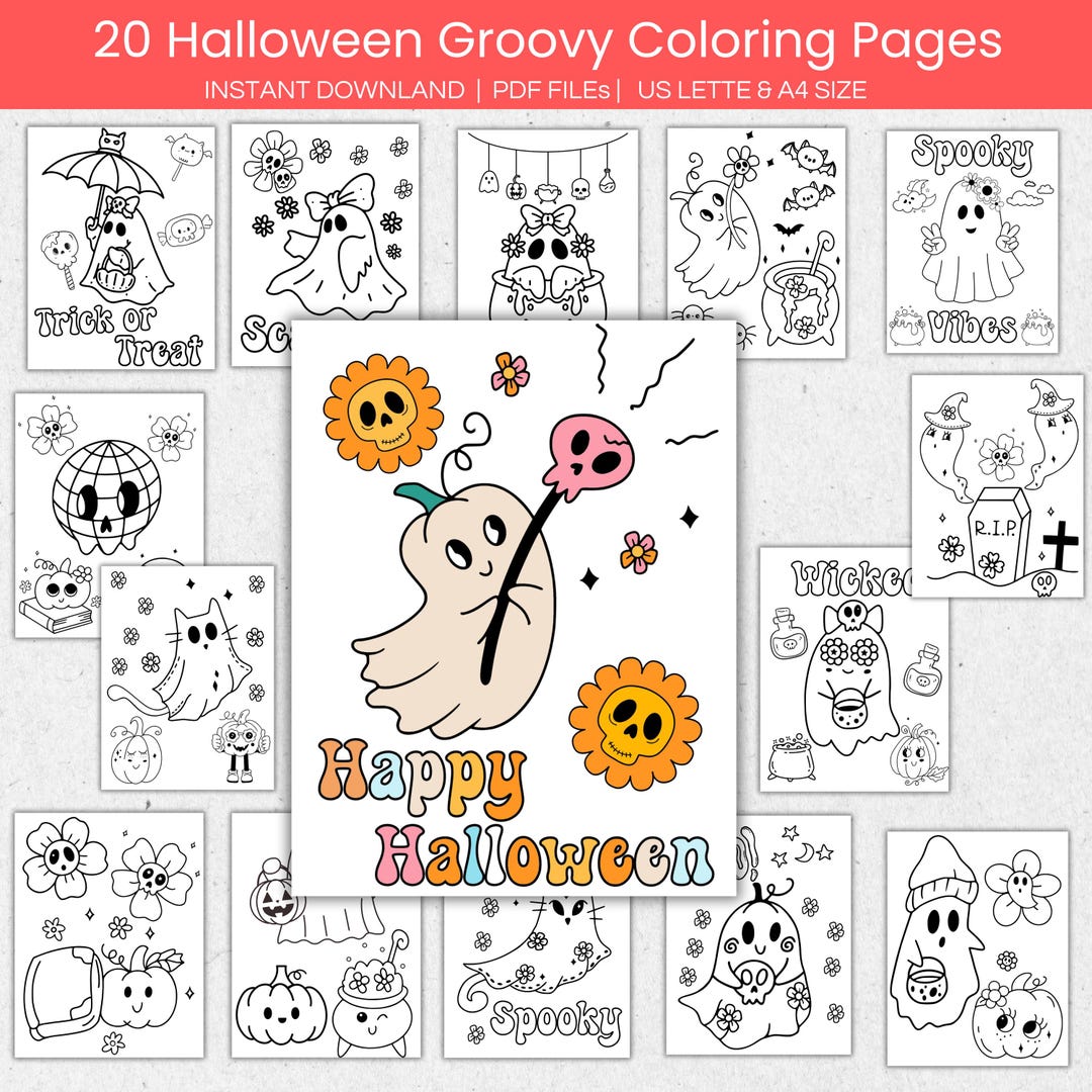 Retro Groovy Halloween Coloring Pages Printable, Bold and Easy Cute and ...