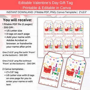 I Dig You Valentine's Day Tag Printable Gift Label, Editable Kid ...