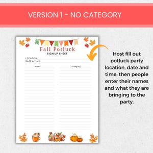 Fall Potluck Sign up Sheet Printable, Holidays Events Lunch Dinner ...