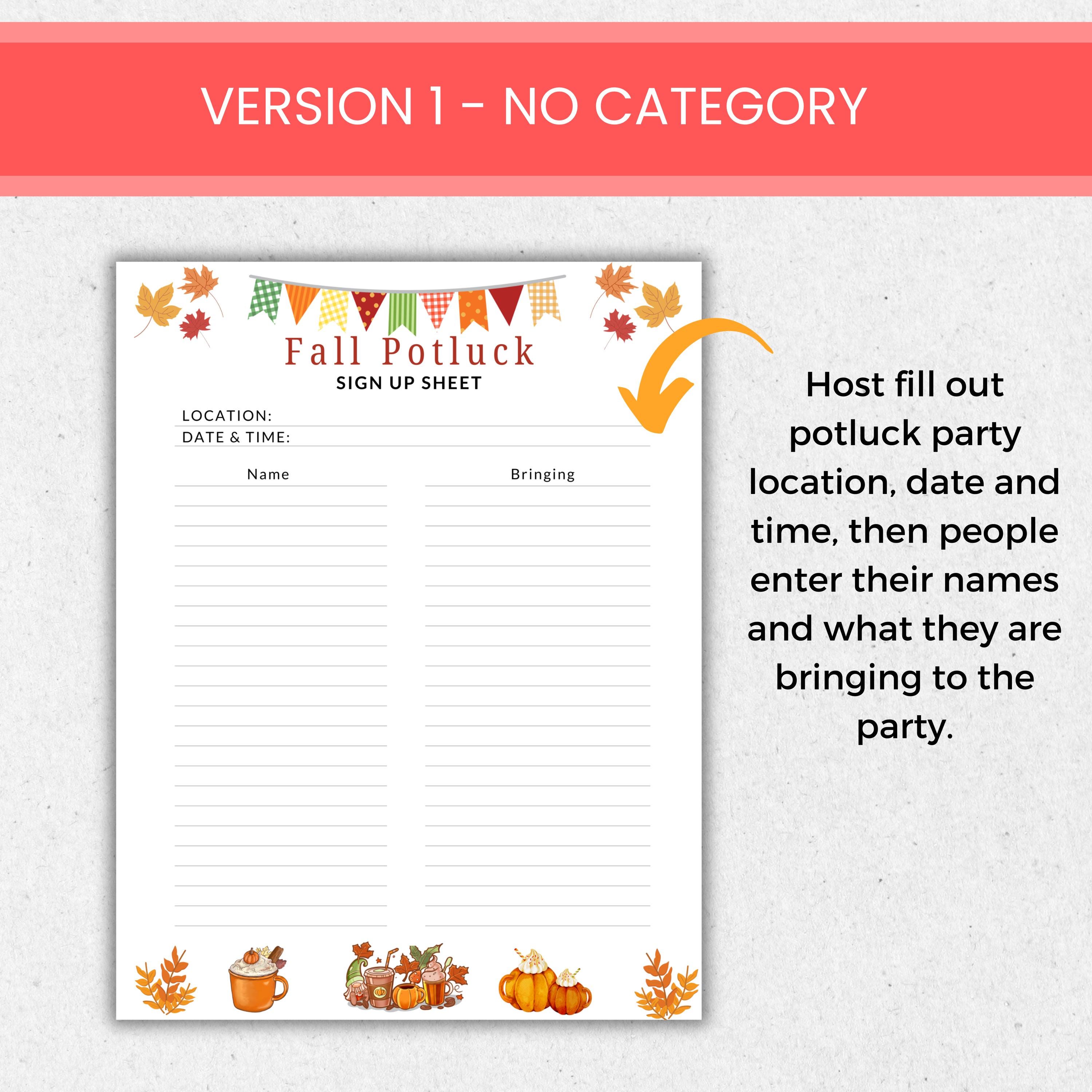 Fall Potluck Sign up Sheet Printable, Holidays Events Lunch Dinner ...