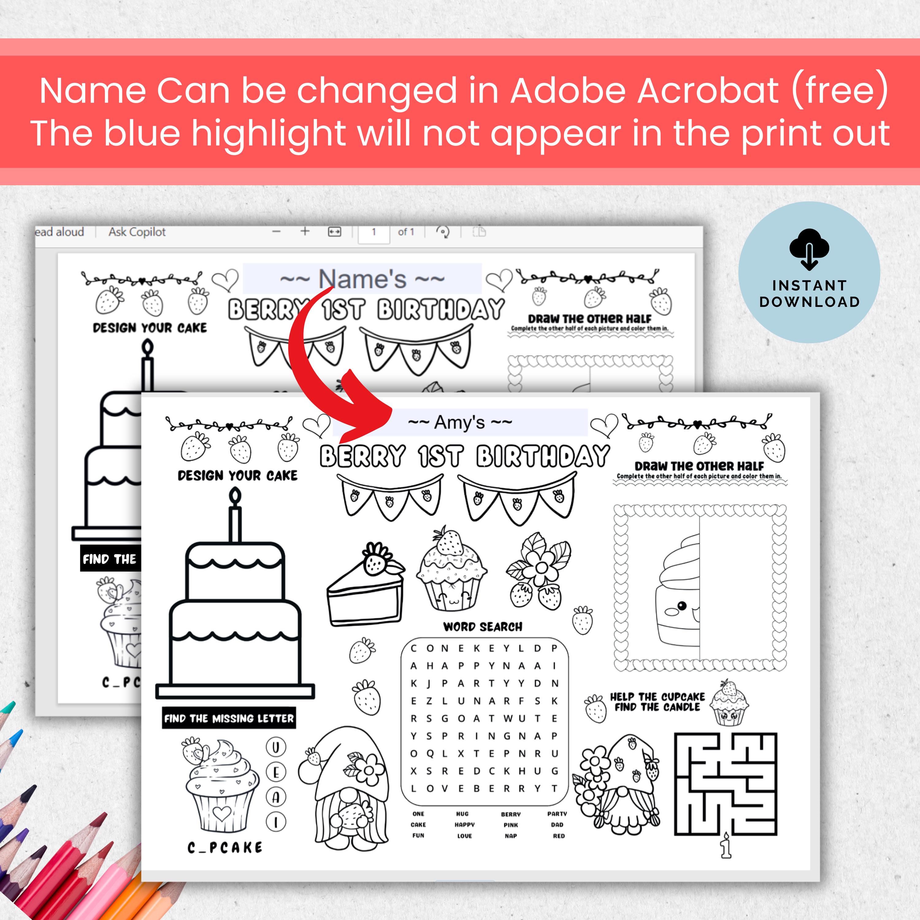 Editable Berry 1st Birthday Party Activity Placemat Coloring Sheet ...