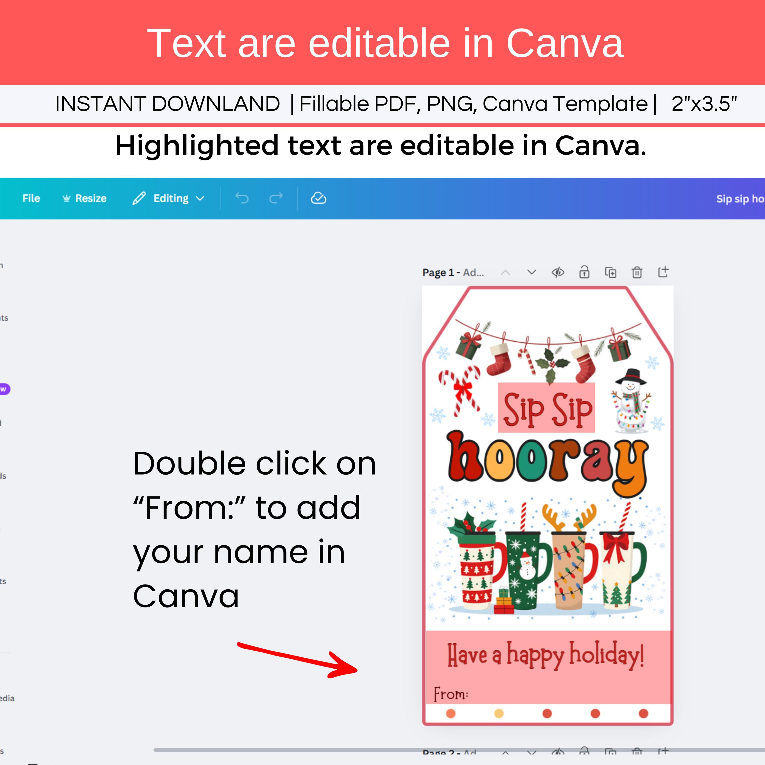 Sip Sip Hooray Teacher Tag Printable, Editable Happy Holiday Christmas ...