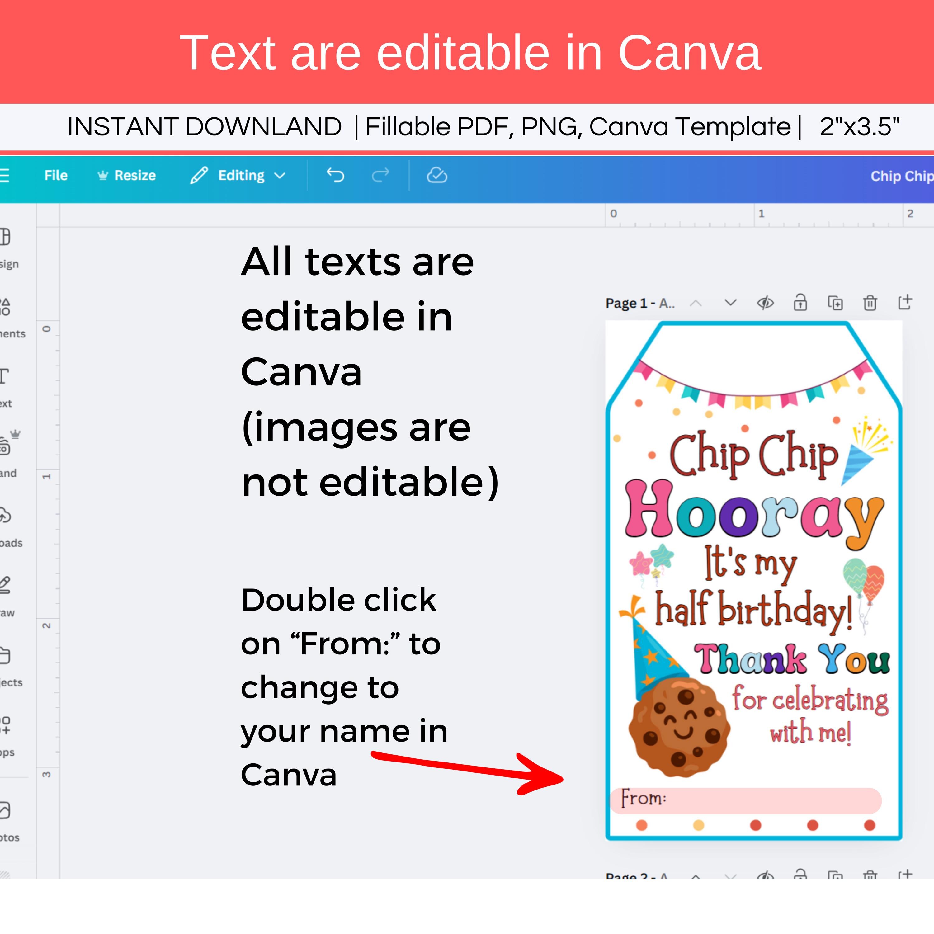 Editable Half Birthday Treat Tag, Chip Chip Hooray Treat Tag Printable ...