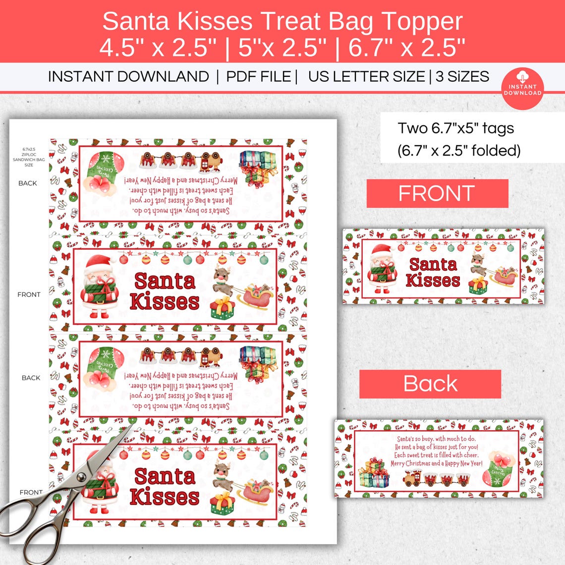 Santa Kisses Treat Bag Tag Topper Printable, Santa Kisses Label, Winter ...
