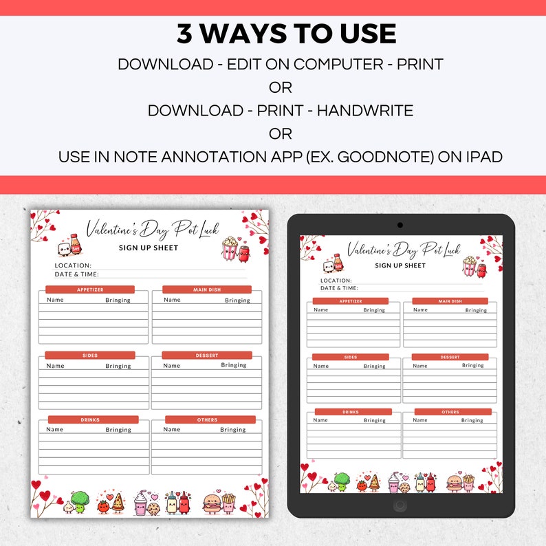 Editable Valentine's Day Pot Luck Sign up Sheet Printable, Potluck ...
