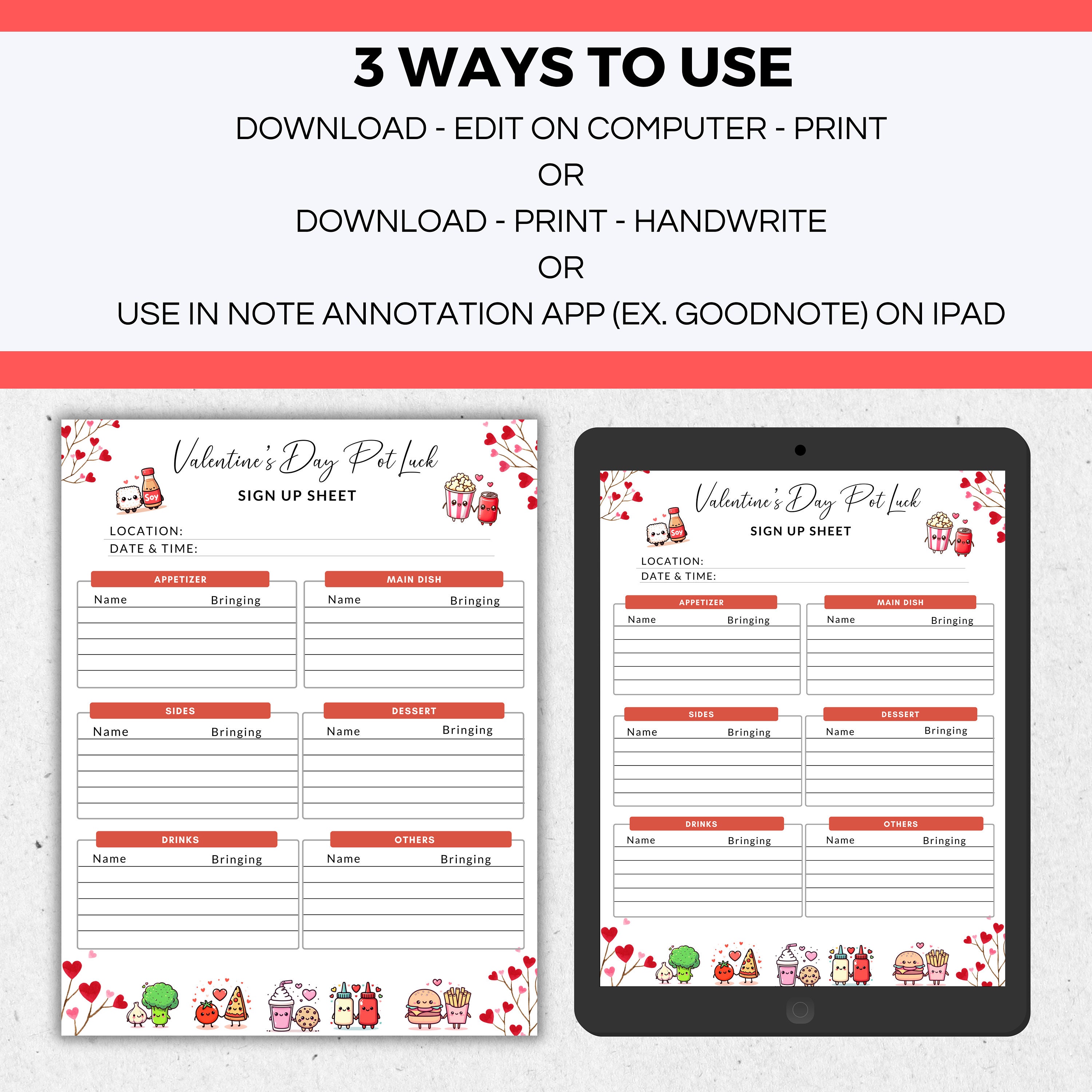 Editable Valentine's Day Pot Luck Sign up Sheet Printable, Potluck ...