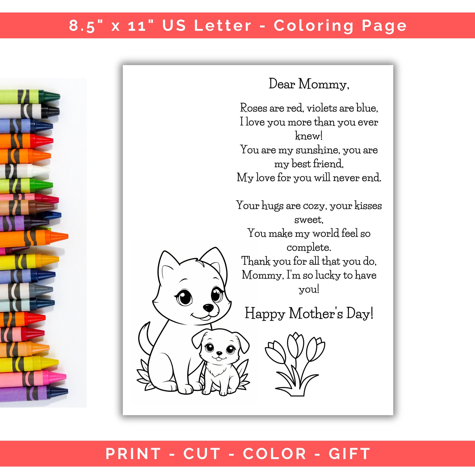 Printable Mother's Day Coloring Card With Poem, Mother's Day Poem, DIY ...