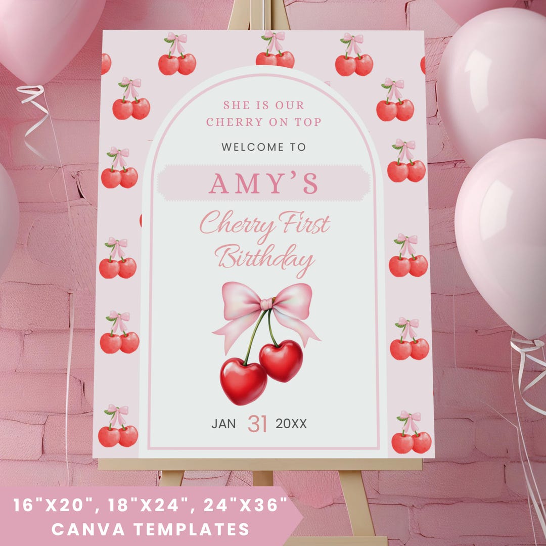 Cherry First Birthday Welcome Sign, Editable She is Our Cherry on Top ...