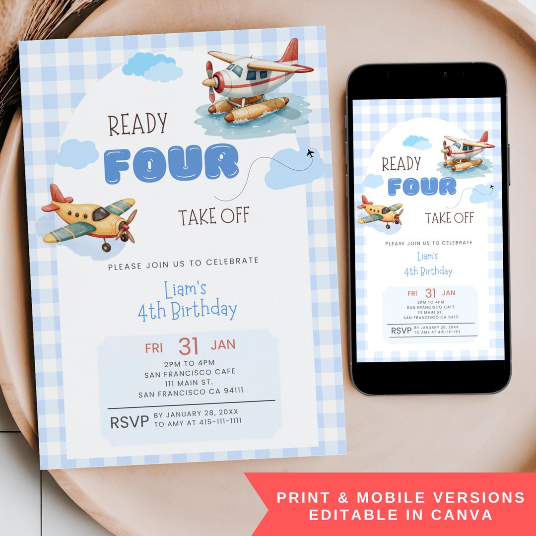 Ready Four Take off Birthday Invitation, Airplane Boy 4th Birthday ...