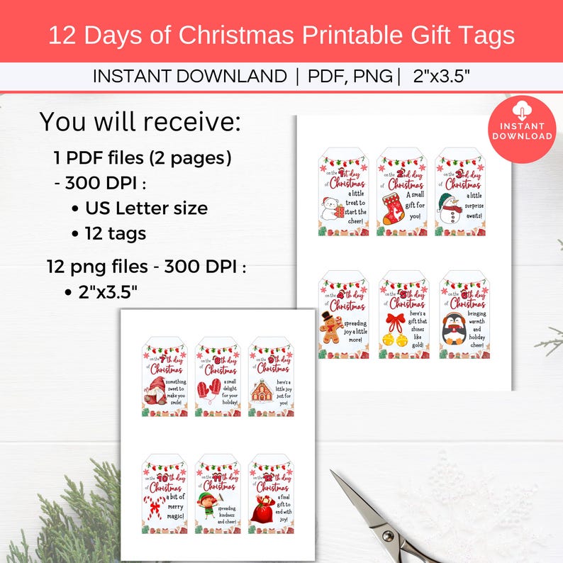 12 Days of Christmas Gift Tags Printable, Secret Santa Gift Tags ...