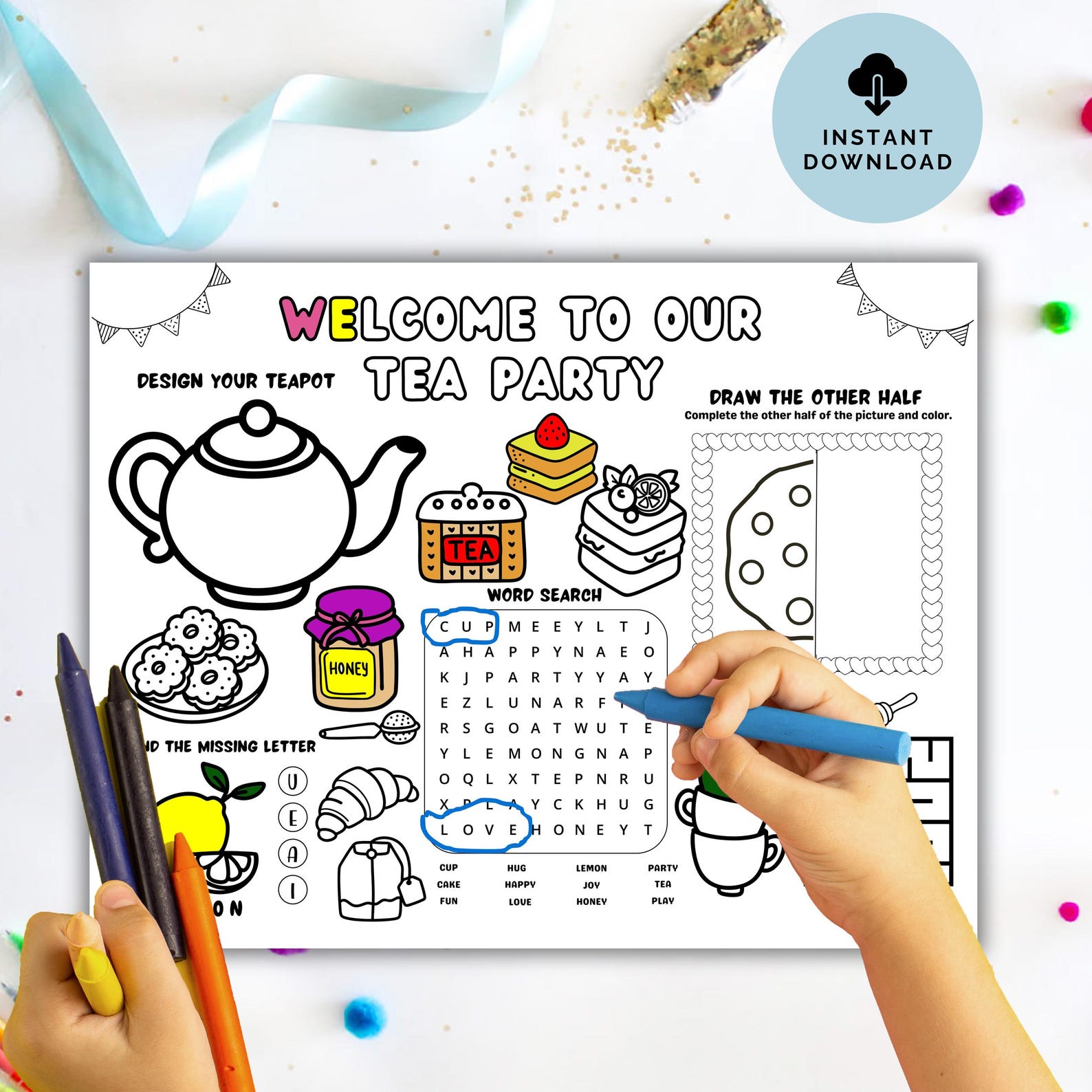 Tea Party Activity Coloring Placemat Sheet Printable, Girl Birthday Tea ...