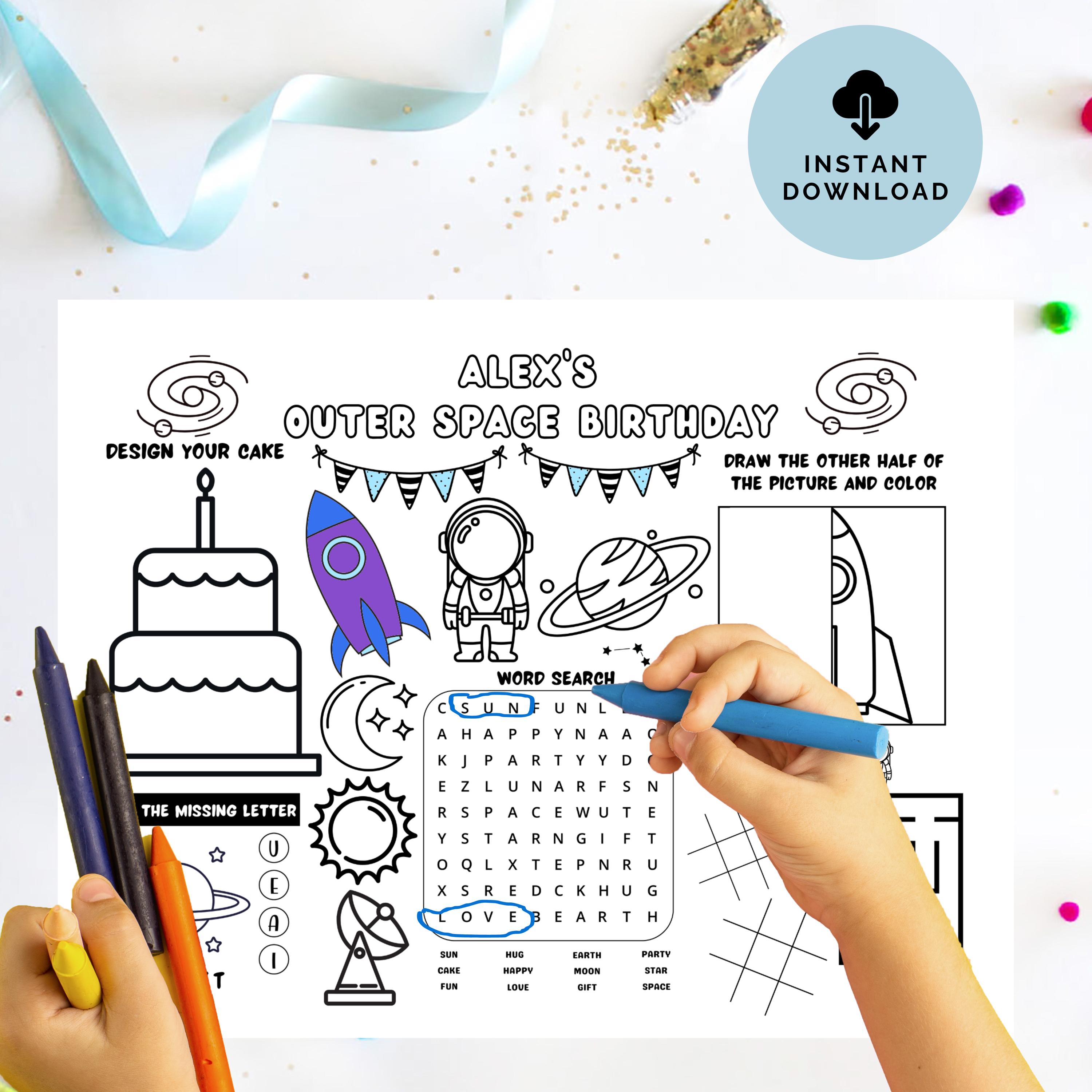 Outer Space Birthday Coloring Placemat, Editable Space Birthday Party ...