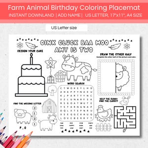 Farm Animal Birthday Party Coloring Page Activity Placemat Sheet, Oink ...