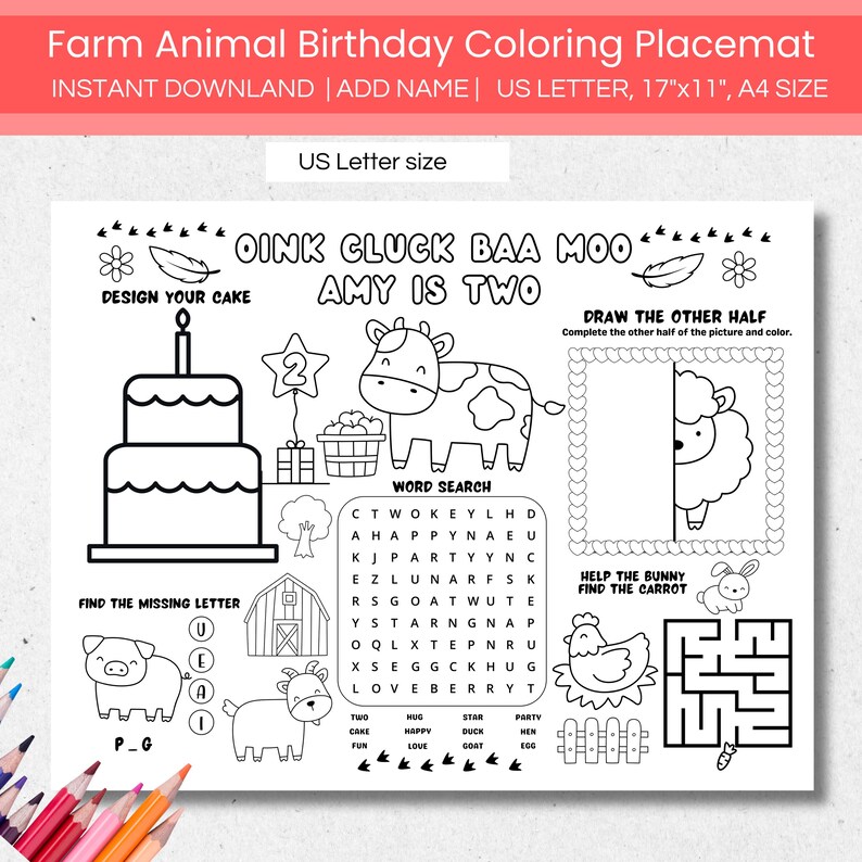 Farm Animal Birthday Party Coloring Page Activity Placemat Sheet, Oink ...