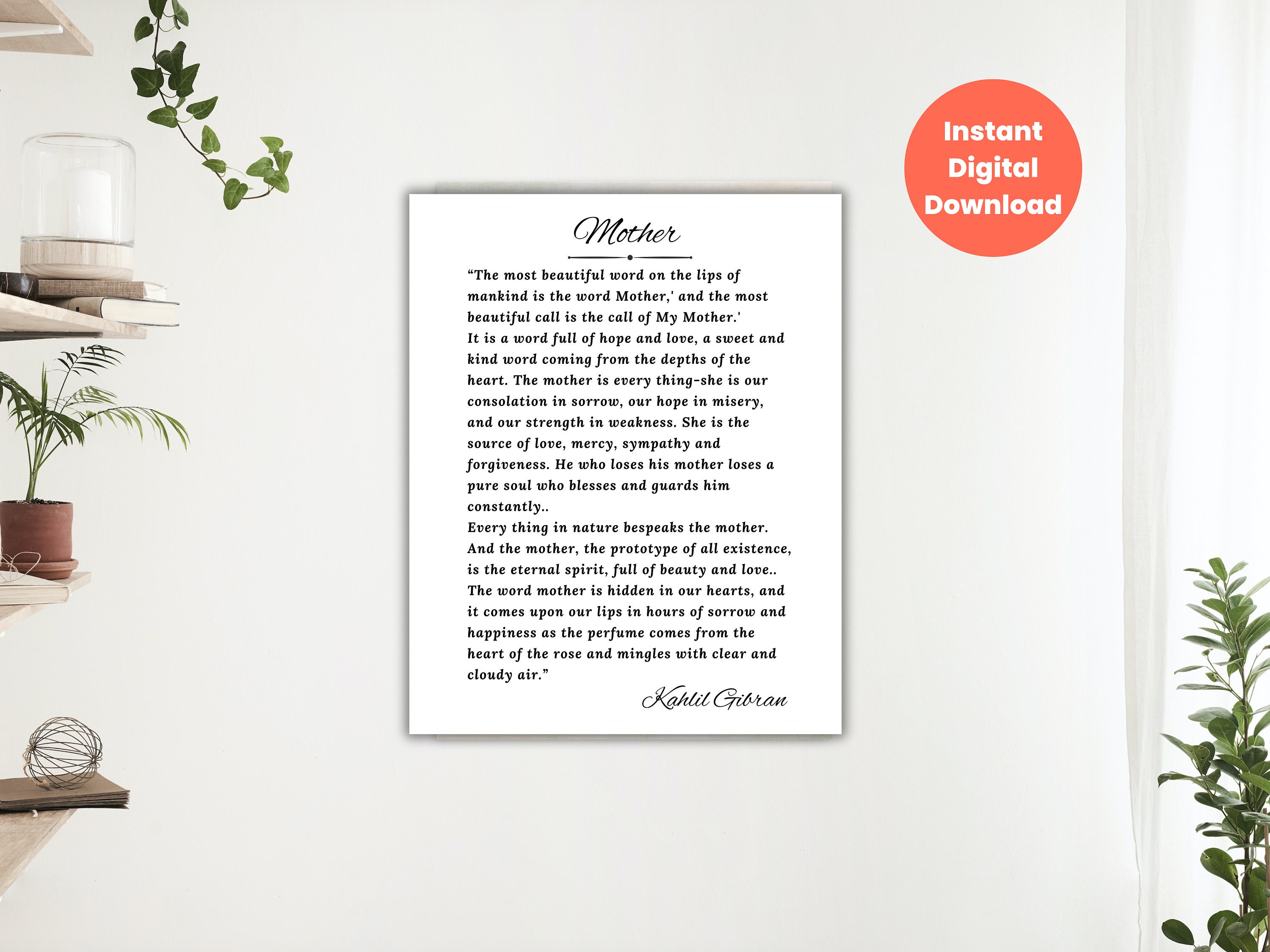 The Mother by Kahlil Gibran Printable Poem Typography Black & White ...