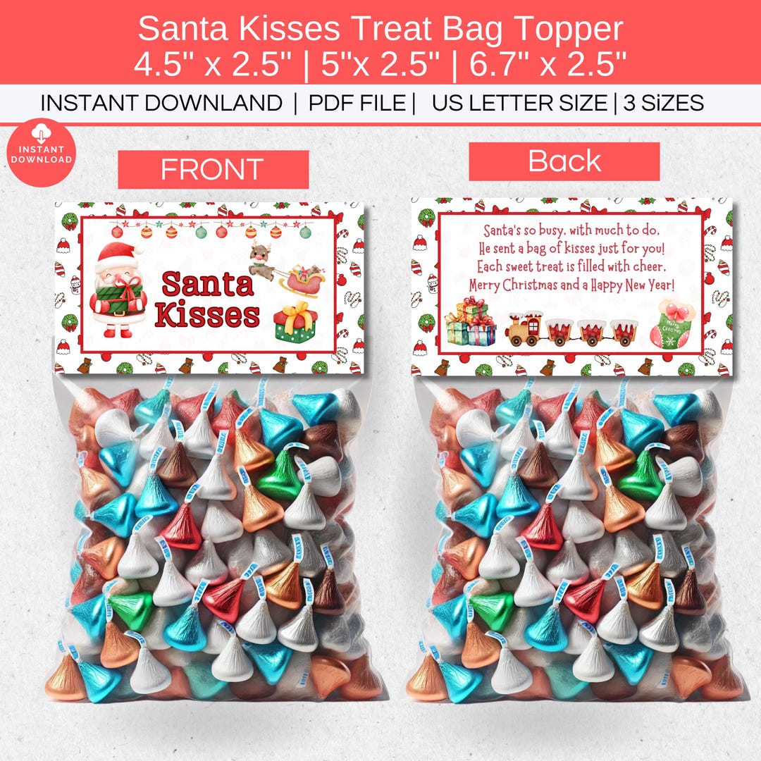 Santa Kisses Treat Bag Tag Topper Printable, Santa Kisses Label, Winter ...