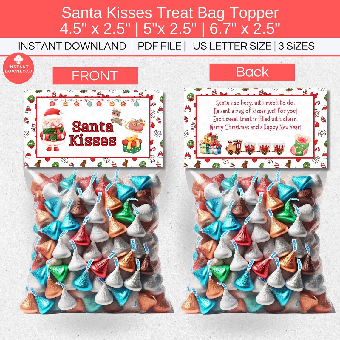 Santa Kisses Treat Bag Tag Topper Printable, Santa Kisses Label, Winter ...