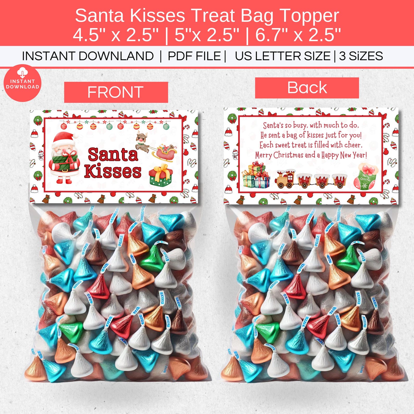 Santa Kisses Treat Bag Tag Topper Printable, Santa Kisses Label, Winter ...