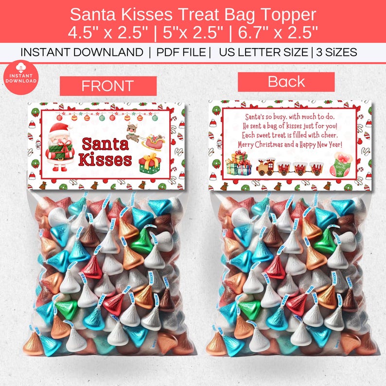Santa Kisses Treat Bag Tag Topper Printable, Santa Kisses Label, Winter ...