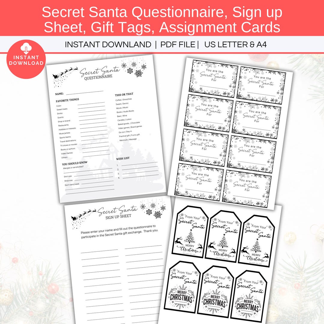 Secret Santa Questionnaire Printable Bundle, Secret Santa Gift Tags ...