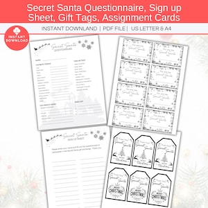 Secret Santa Questionnaire Printable Bundle, Secret Santa Gift Tags ...