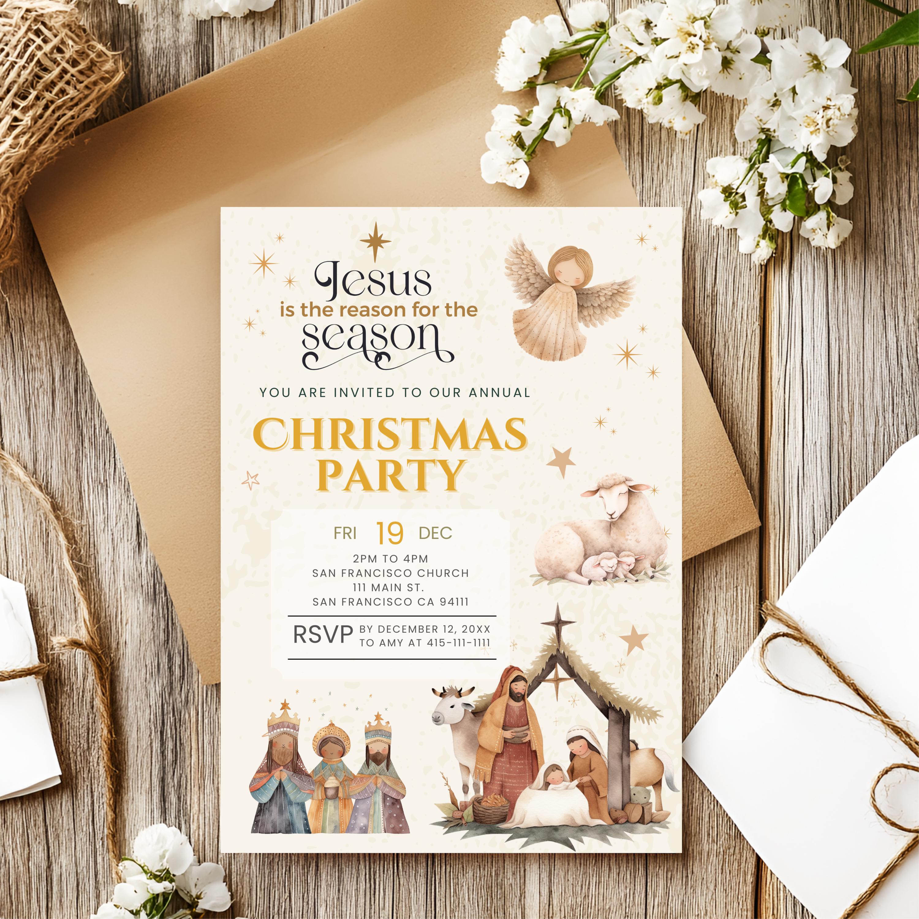 Nativity Christmas Party Invitation Template, Editable Religious ...