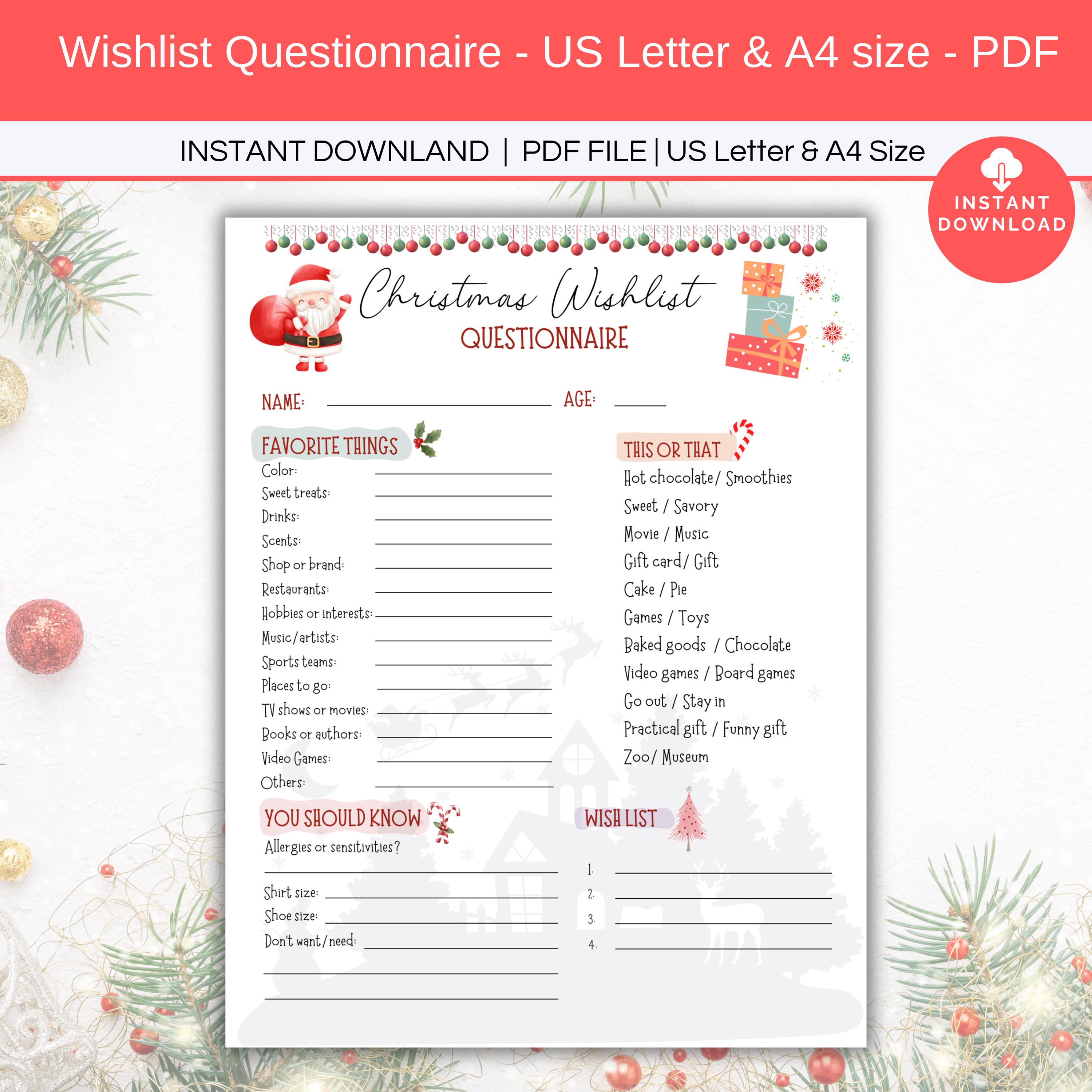 Christmas Wishlist Questionnaire for Kids & Teens, Printable Christmas ...
