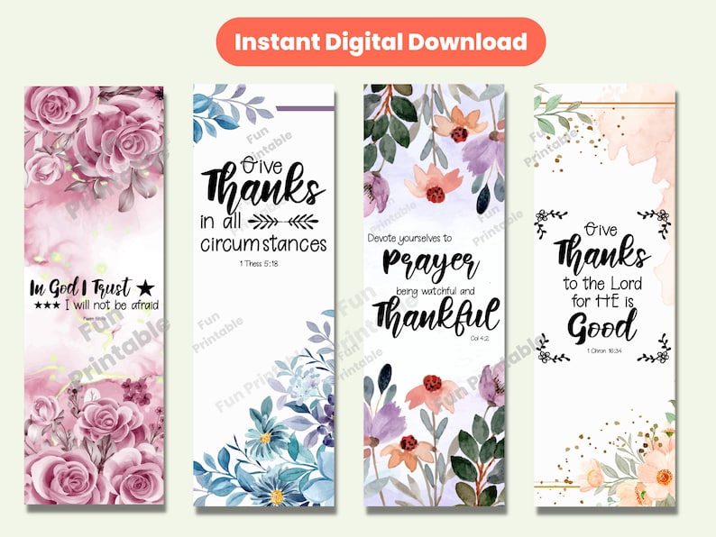 12 Bible Verses Printable Bookmark Set, Watercolor Floral Bookmarks ...