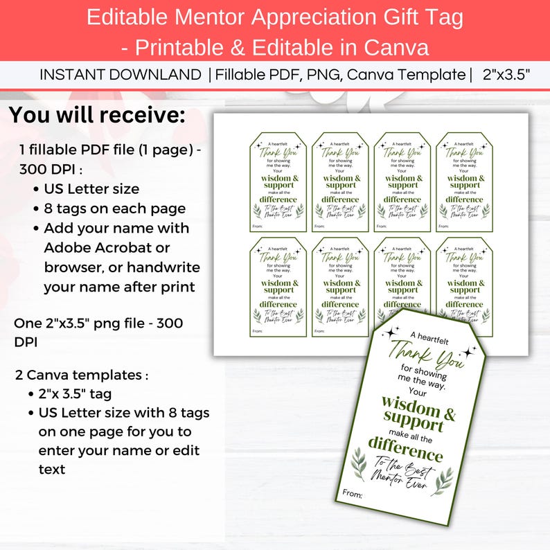 Thank You Mentor Gift Tag Printable, Editable Mentor Appreciation Gift ...