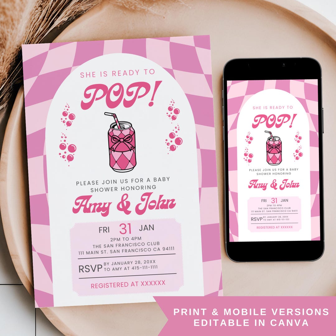 She is Ready to Pop Baby Shower Invitation, Editable Groovy Preppy ...