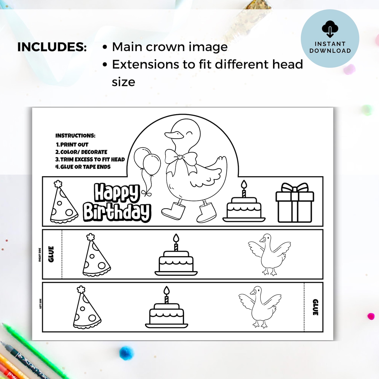 Silly Goose Paper Headband for Kids Printable, Birthday Party Coloring ...