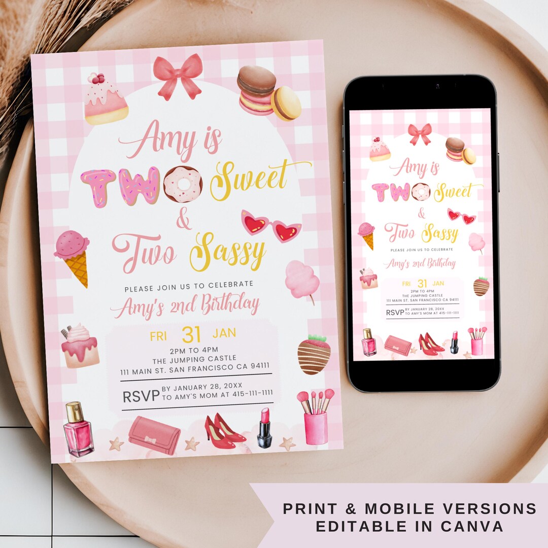 Two Sweet Two Sassy Birthday Invitation, Editable Pink Watercolor Bow ...