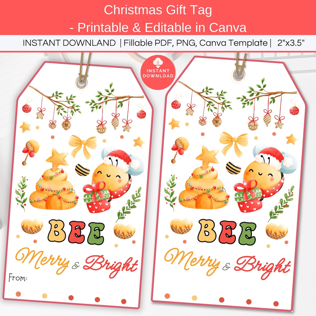 Bee Christmas Gift Tag Printable, Holiday Bee Merry & Bright Tag ...