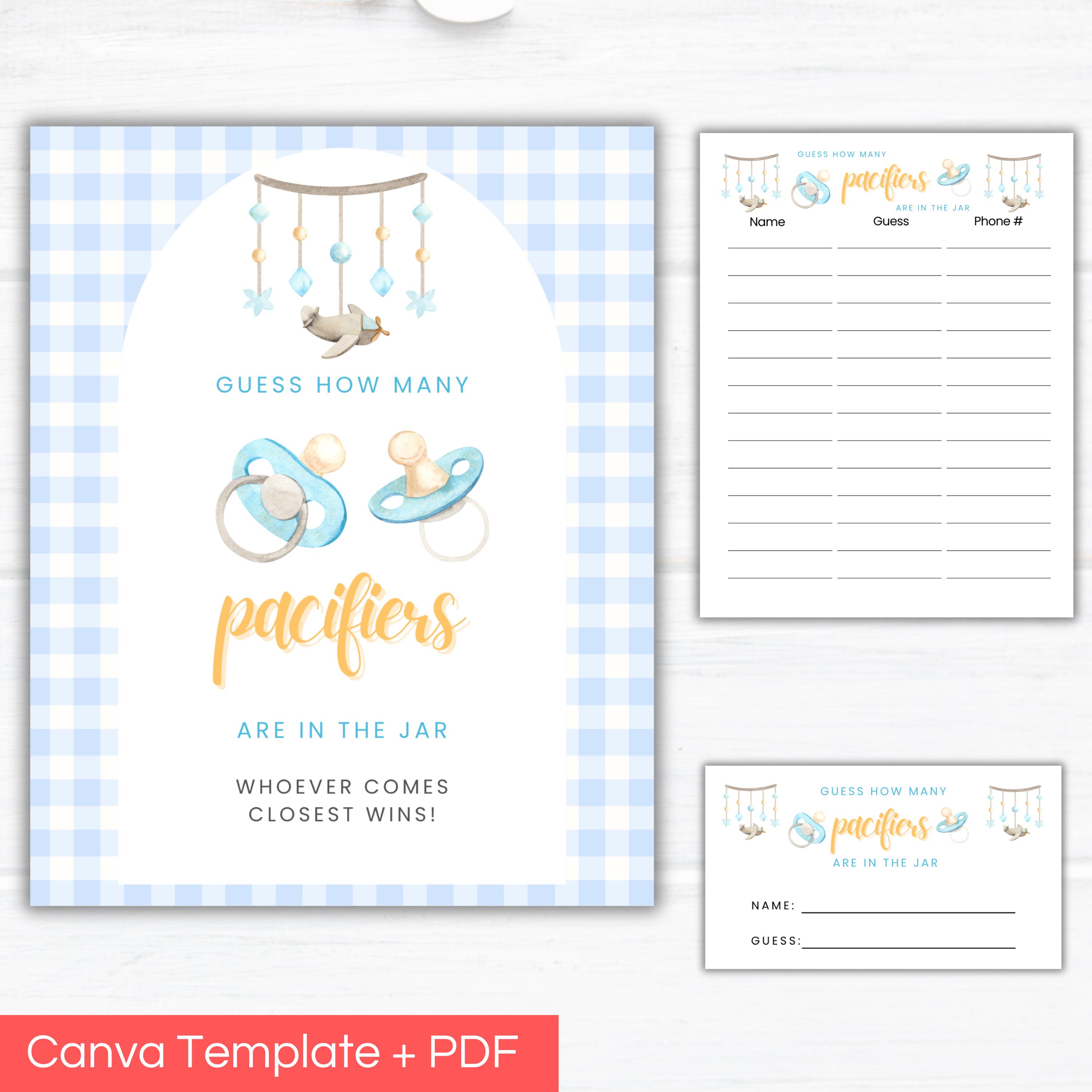 Guess How Many Pacifier Game Printable Sign, Answer Card, Tracking ...