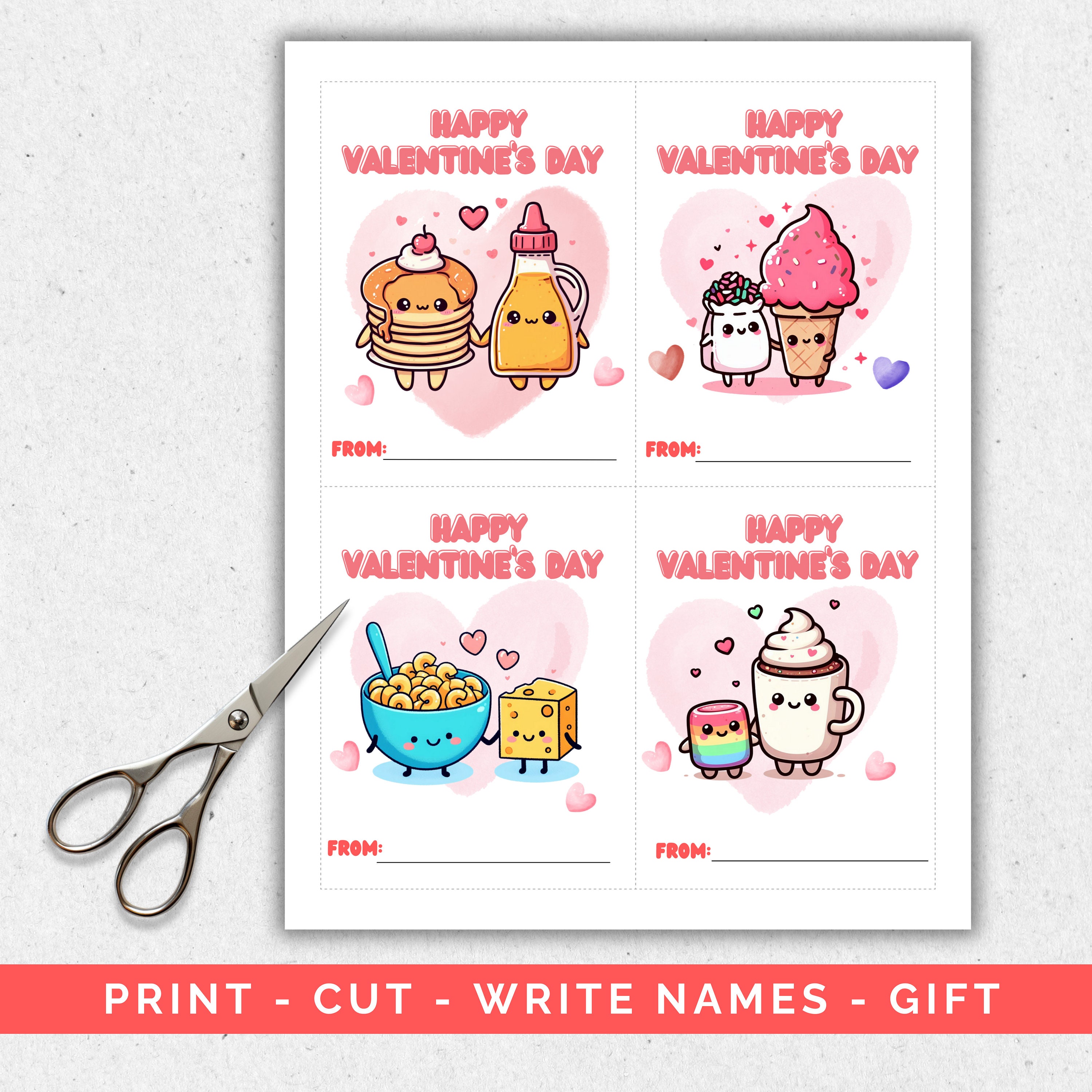 Printable Valentines Cards for Kids, Kawaii Food Valentine's Day Cards ...