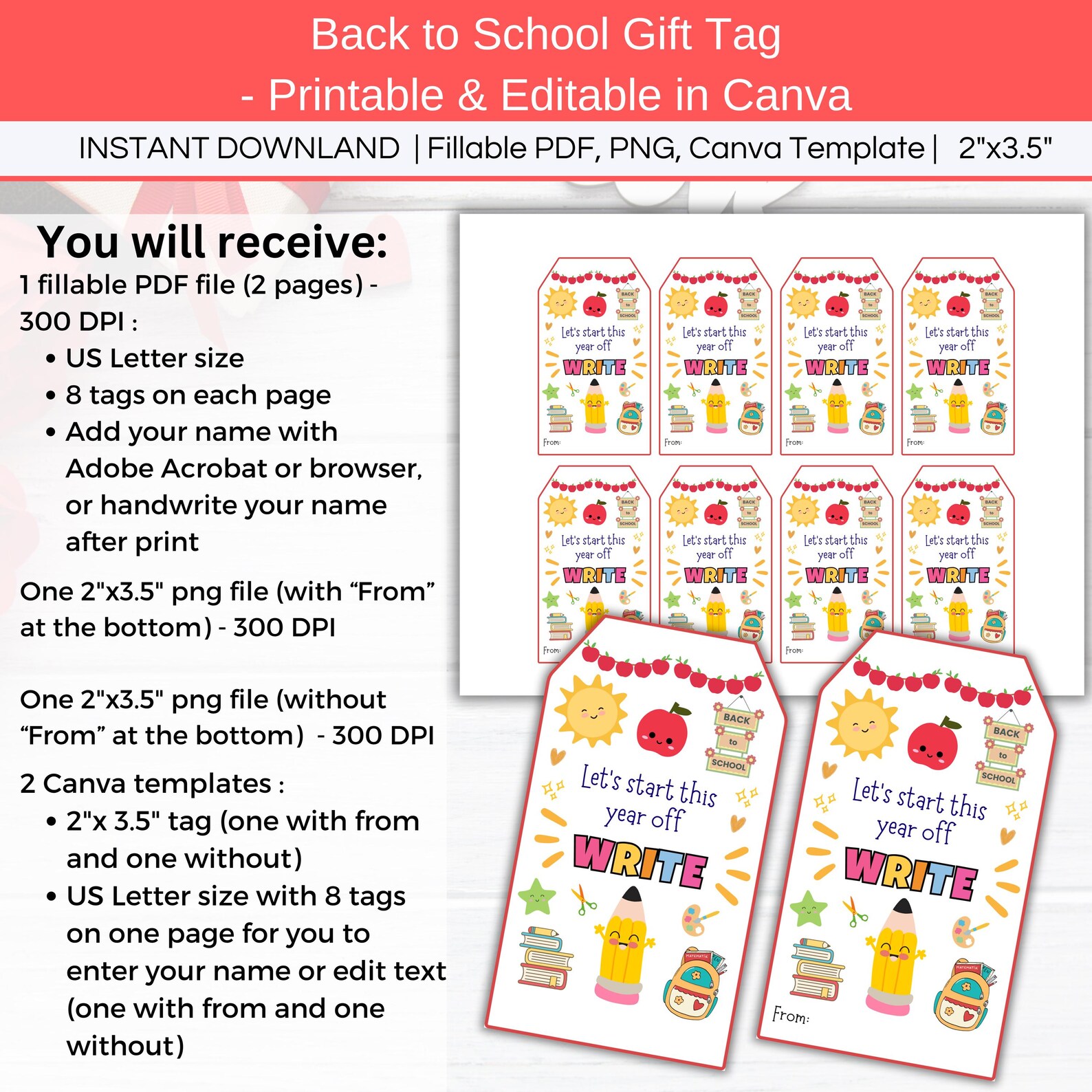 Start the Year off Write Tag Printable, First Day of School Pencil Gift ...