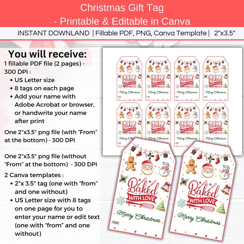 Baked With Love Christmas Baking Printable Gift Tag, Holiday Homemade ...