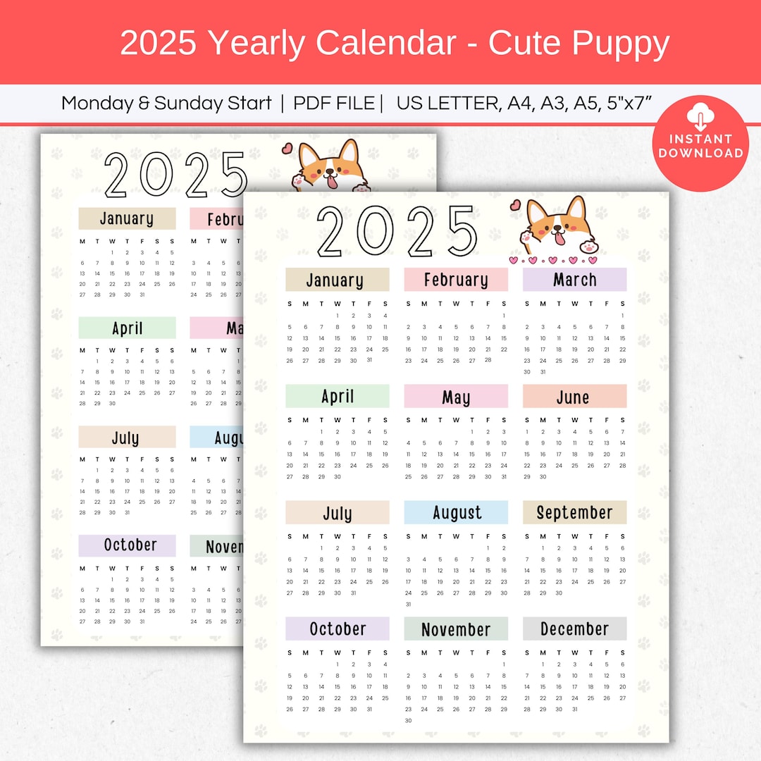 2025 Calendar, Single Page Yearly Calendar, Full Year Desk Calendar ...