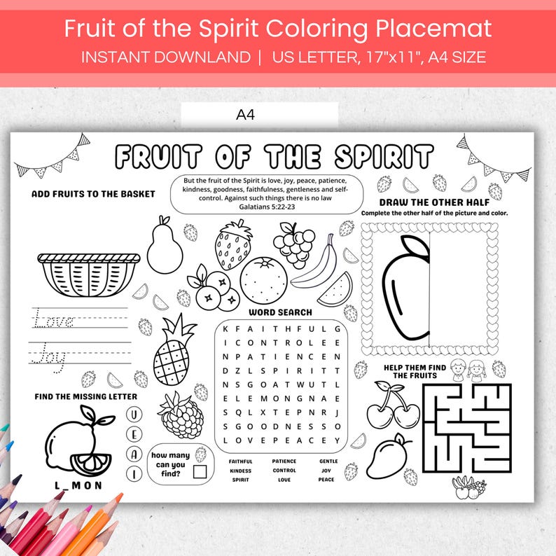 Fruit of the Spirit Activity Placemat, Printable Sunday School ...