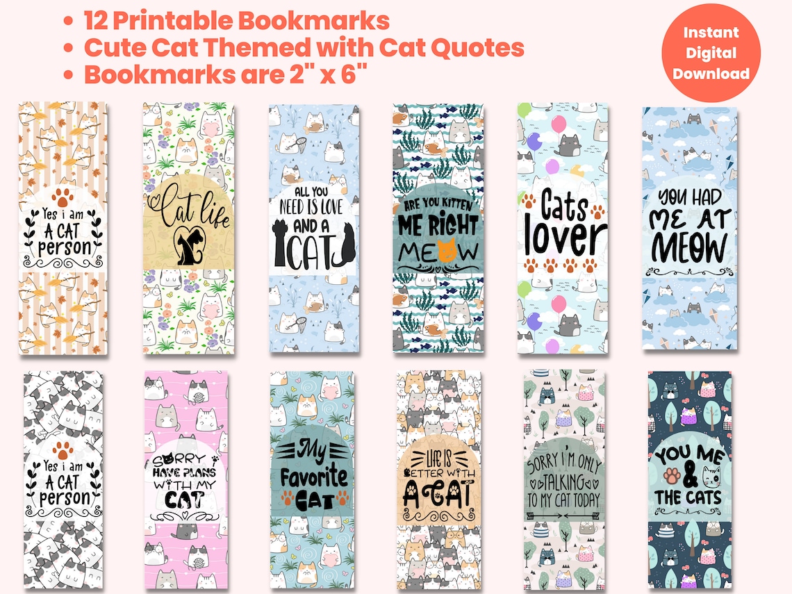 12 Printable Bookmarks Cats Theme With Funny Cat Quotes, Printable ...