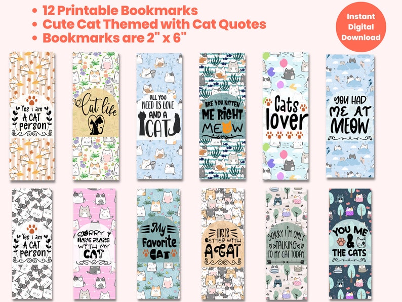 12 Printable Bookmarks Cats Theme With Funny Cat Quotes, Printable ...