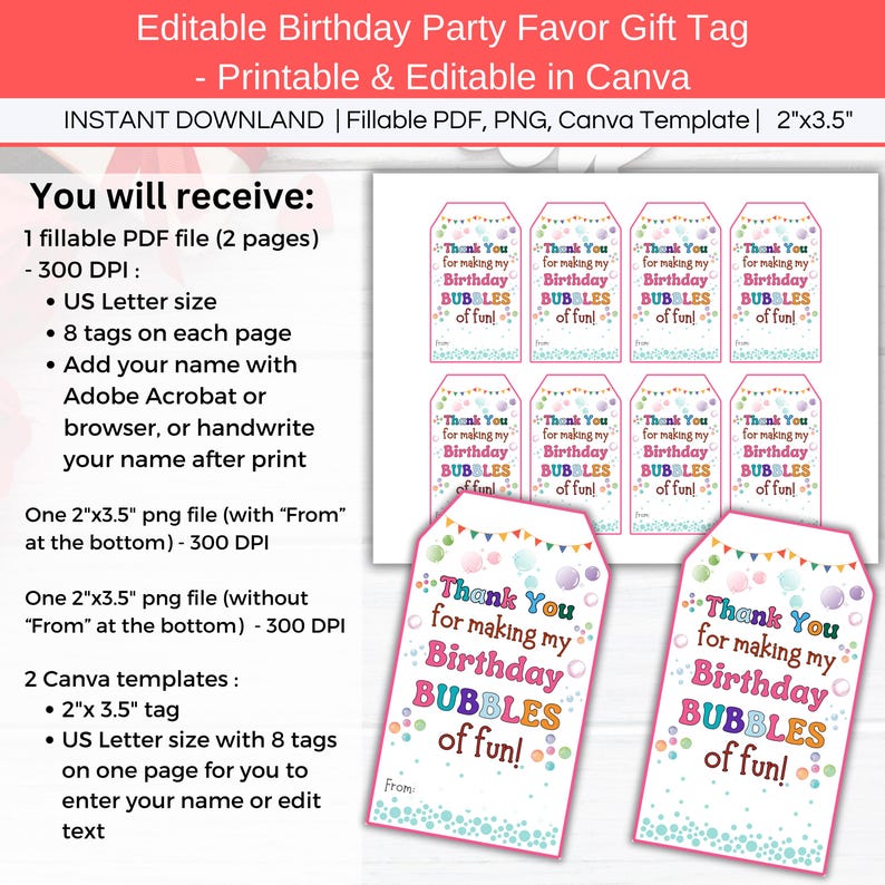 Bubble Birthday Favor Tags, Classroom Birthday Editable Favor Tag ...