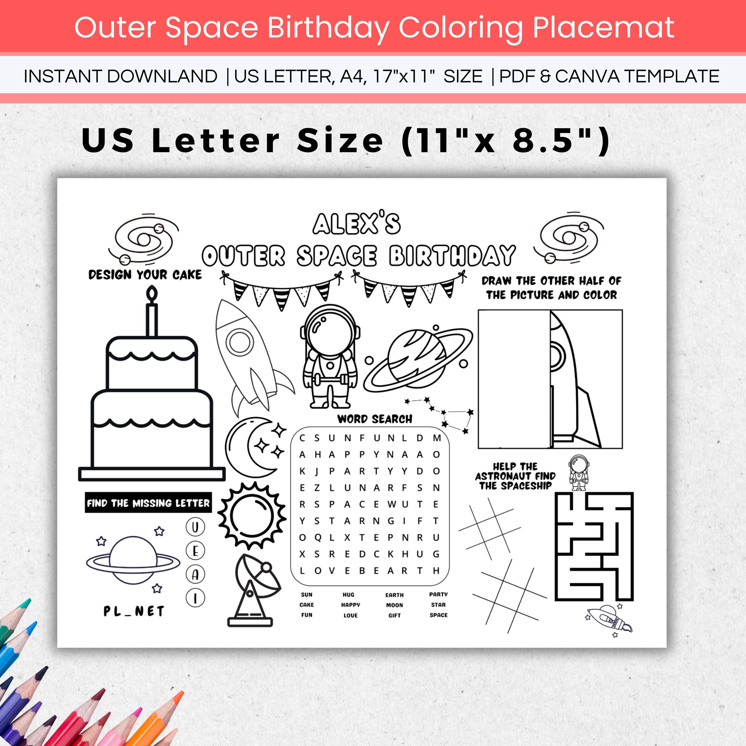 Outer Space Birthday Coloring Placemat, Editable Space Birthday Party ...