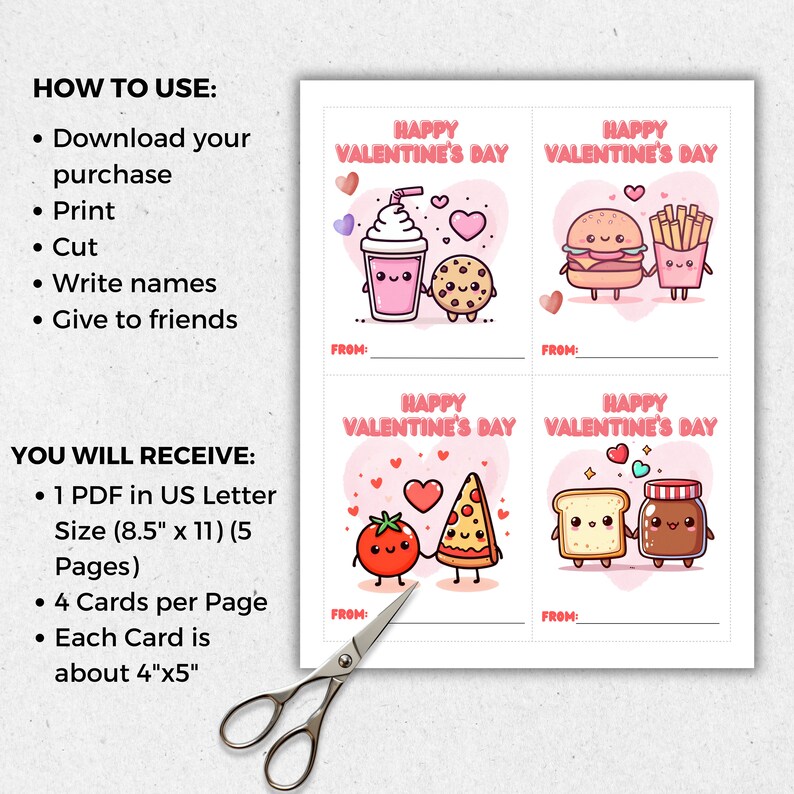 Printable Valentines Cards for Kids, Kawaii Food Valentine's Day Cards ...